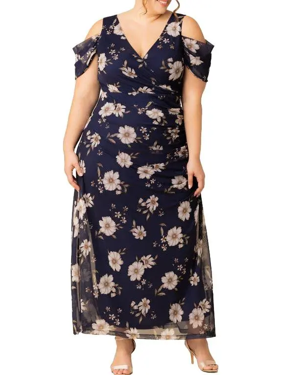 KIYONNA Seraphina Cold Shoulder Mesh Gown - Navy Blooms