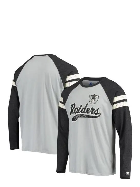 STARTER Black Las Vegas Raiders Throwback League Raglan Long Sleeve Tri-blend T-shirt - Silver