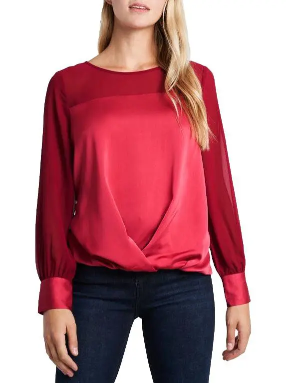 Vince Camuto Mix Media Twist Front Long Sleeve Top - Deep Red