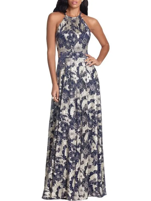 Betsy & Adam Metallic Floral Halter A-line Gown - Navy/gold