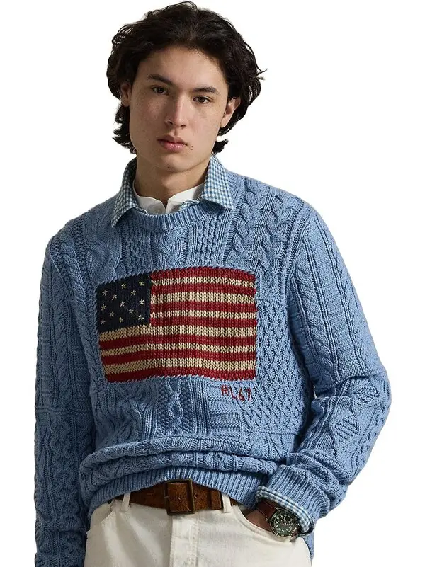 Ralph Lauren Aran-knit Flag Sweater - Light Blue Combo