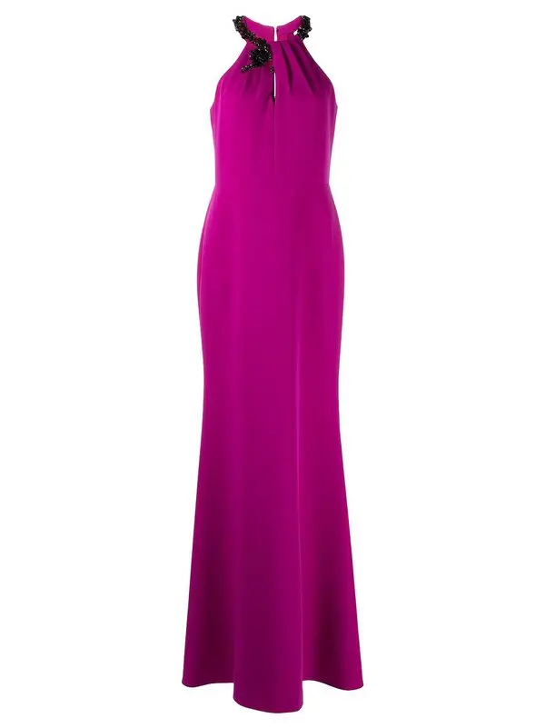 Marchesa Halterneck Gown With Keyhole Neck - Purple