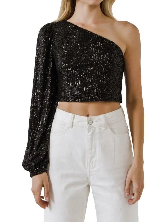 Endless Rose Sequined One-shoulder Crop Top - Black