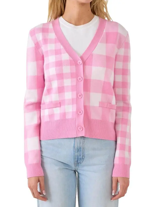 English Factory Gingham Knit Cardigan - Pink