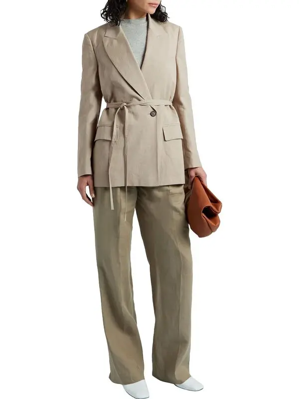 Brunello Cucinelli Slub Wool And Silk-blend Belted Blazer - Beige