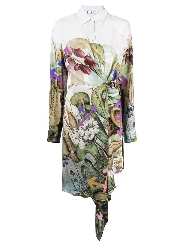 Off-White Botanical-print Shirt Dress - White