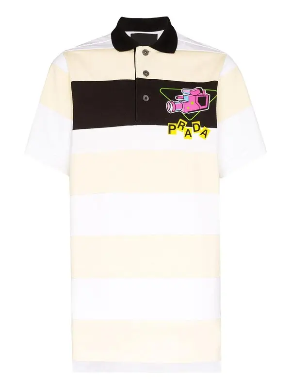 Prada Striped Camera Logo Polo Shirt - White