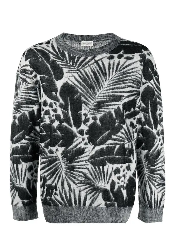 Saint Laurent Foliage-pattern Crew Neck Jumper - Black