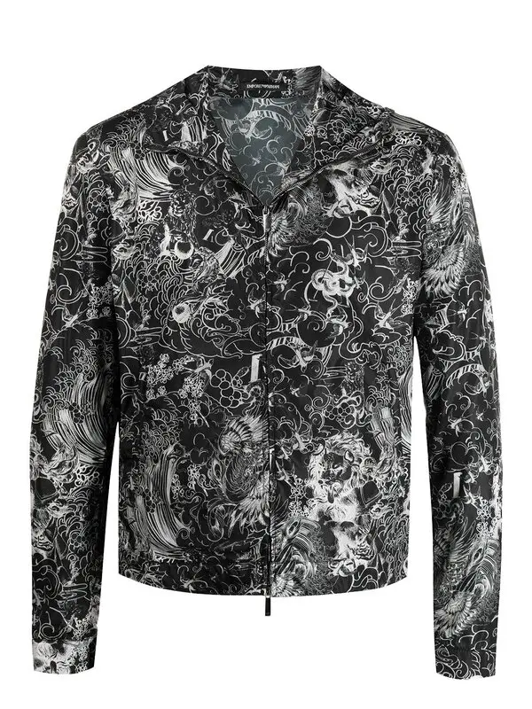 Emporio Armani Abstract-print Hooded Jacket - Black