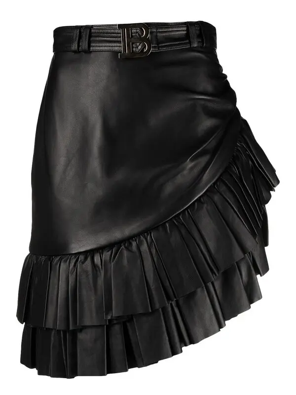 Balmain Short Asymmetric Ruffled Leather Skirt - Black