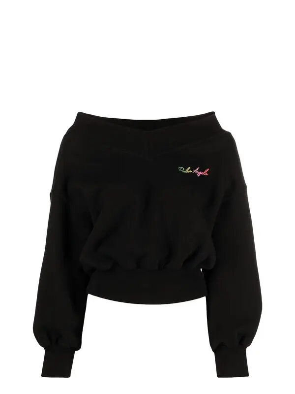Palm Angels Off-shoulder Logo Print Sweatshirt - Black