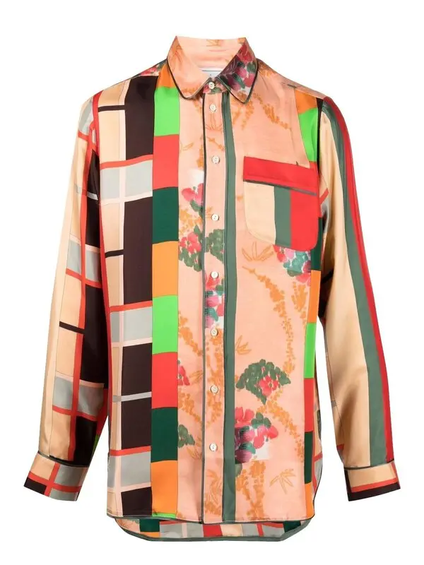 PIERRE-LOUIS MASCIA Patchwork Print Silk Shirt - Neutrals