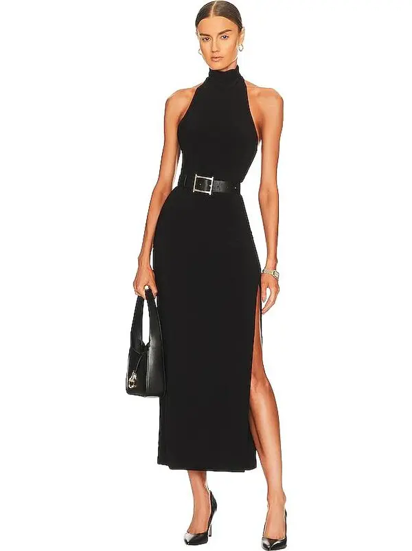 Norma Kamali Halter Turtleneck Side Slit Gown - Black