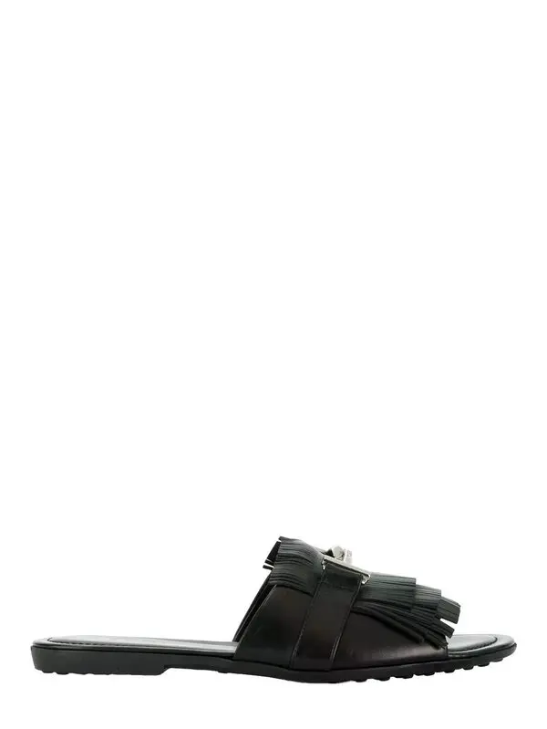 TOD'S Double T Fringed Slides - Black