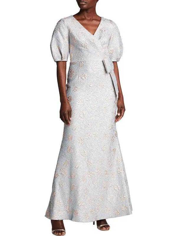 Rickie Freeman For Teri Jon Jacquard Mock-wrap Gown - Light Blue/gold
