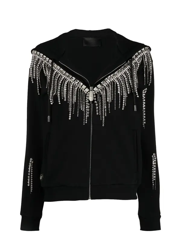 Philipp Plein Crystal-fringe Hooded Zip-up - Black