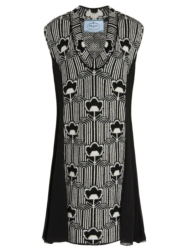 Prada Floral Wool And Crepe Dress - Black,white