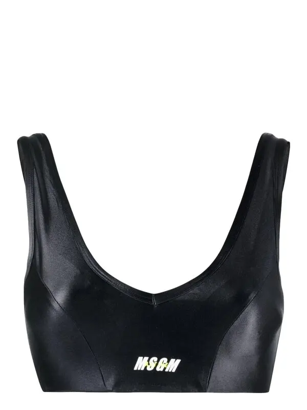 MSGM Logo Print Plunge V-neck Crop Top - Black