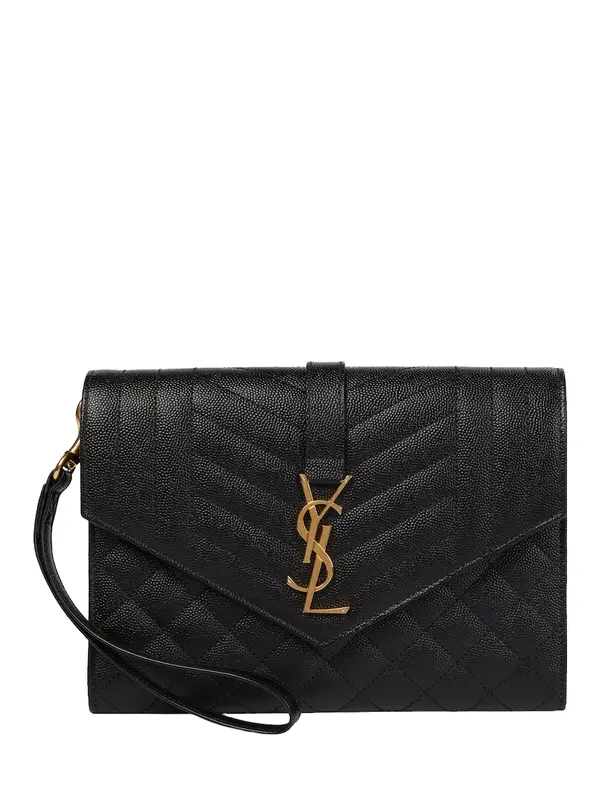 Saint Laurent Envelope Matelassé Leather Clutch - Black