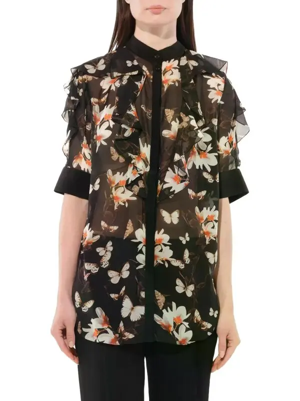 Givenchy Sheer Floral-print Band Collar Blouse - Black