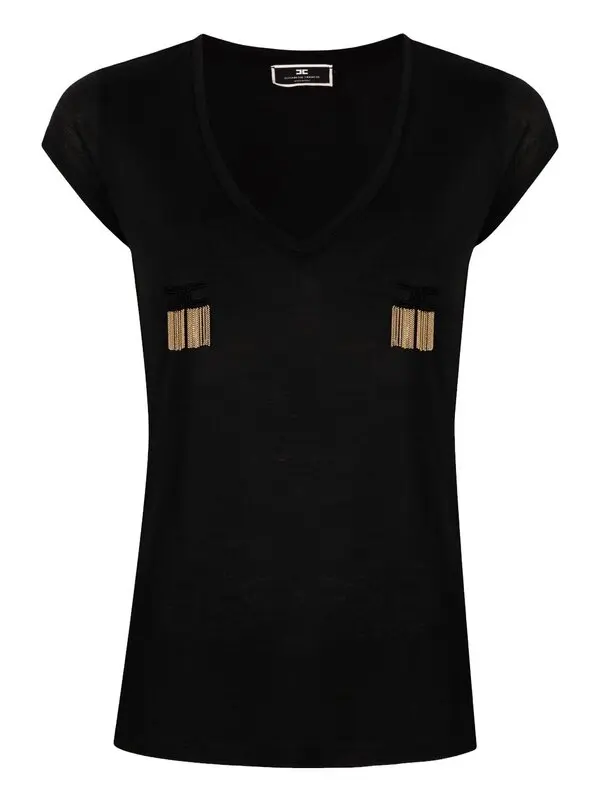 Elisabetta Franchi Sequin-embellished V-neck T-shirt - Black