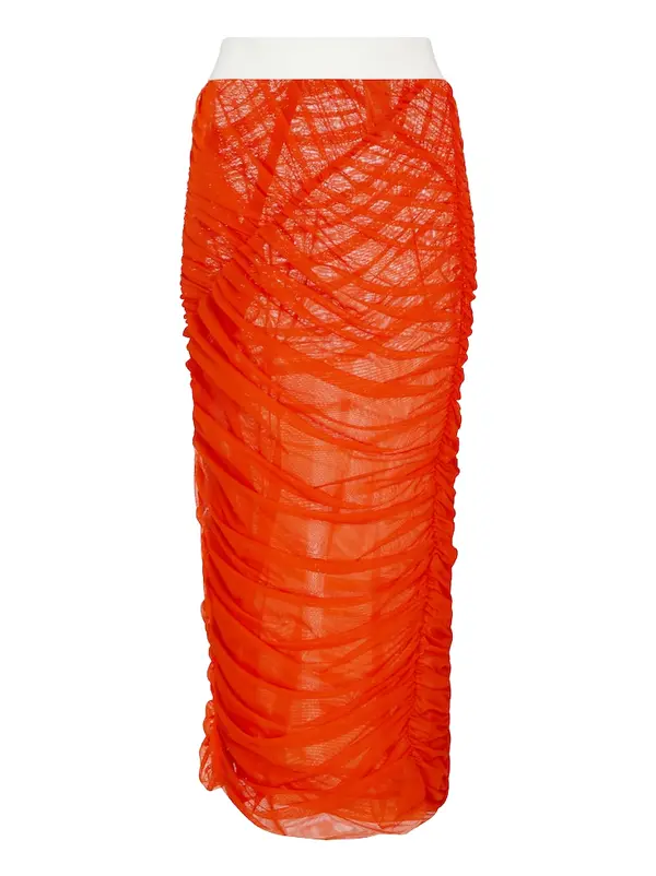 Dries Van Noten Ruched Mesh Midi Skirt - Orange