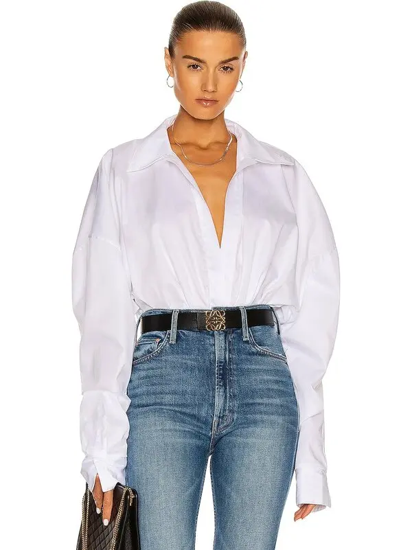 Norma Kamali Oversized Boyfriend Shirt Bodysuit - White