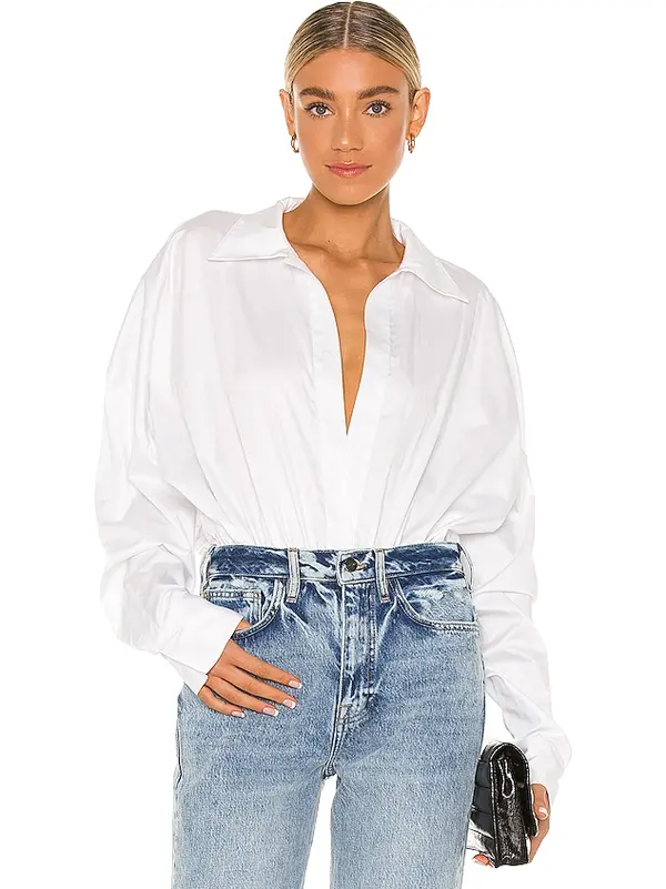 Norma Kamali Oversized Boyfriend Shirt Bodysuit - White