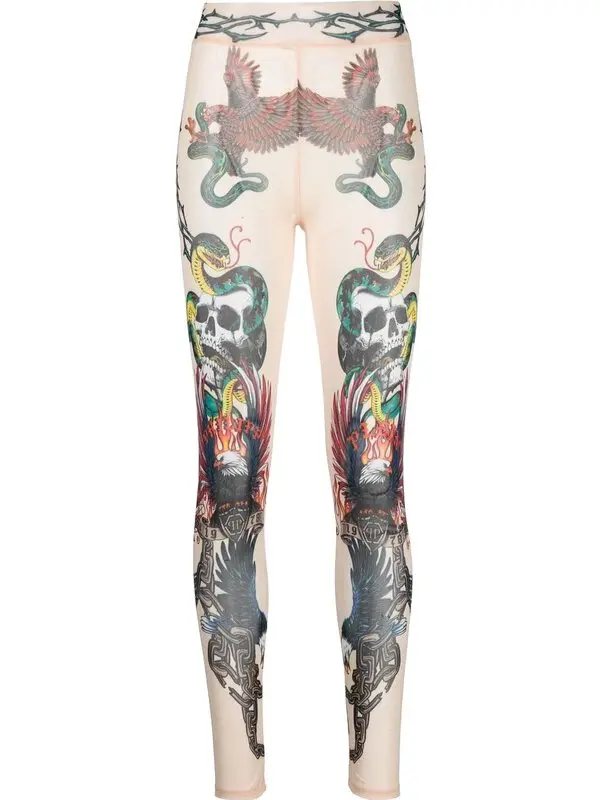 Philipp Plein Tattoo-print Semi-sheer Leggings - Neutrals