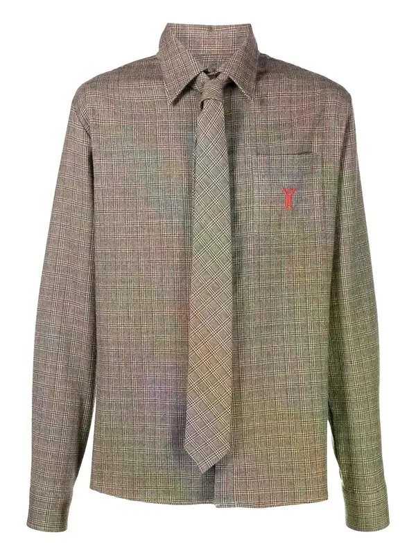 WALTER VAN BEIRENDONCK Check Virgin Wool Shirt With Embroidered Logo - Brown