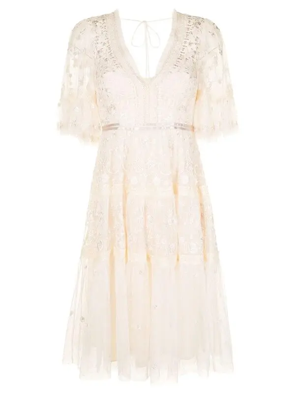 NEEDLE & THREAD Floral-embroidered A-line Dress - Neutrals
