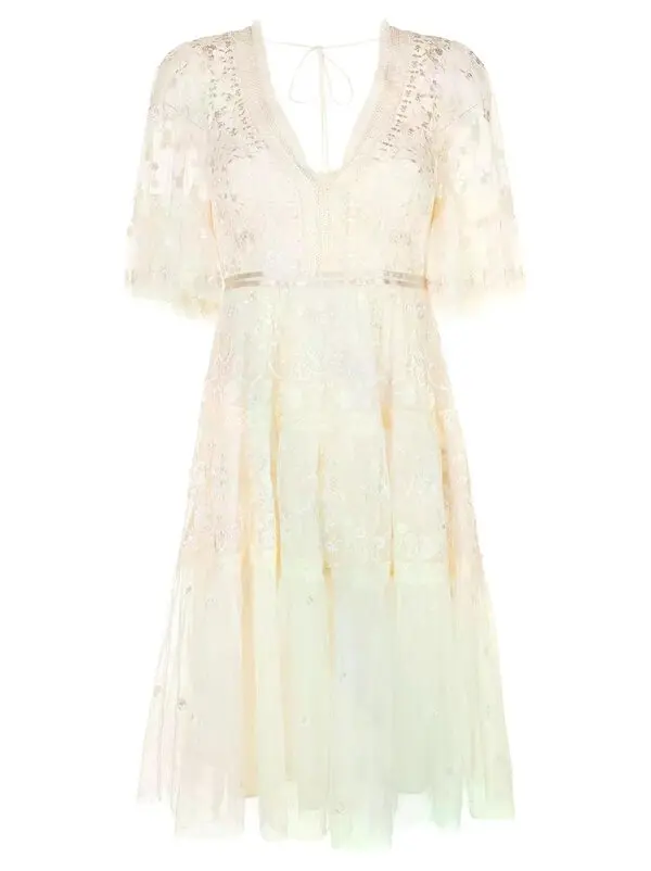 NEEDLE & THREAD Floral-embroidered A-line Dress - Neutrals