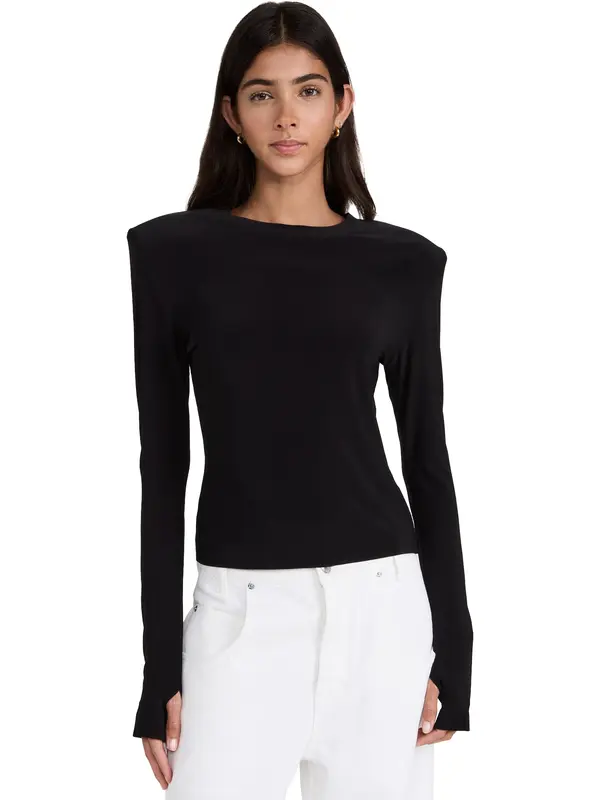 Norma Kamali Shoulder Pad Long Sleeve Top - Black