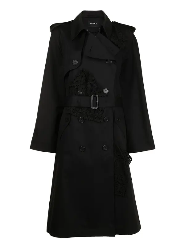 Goen.j Double-breasted Lace-paneled Trench Coat - Black