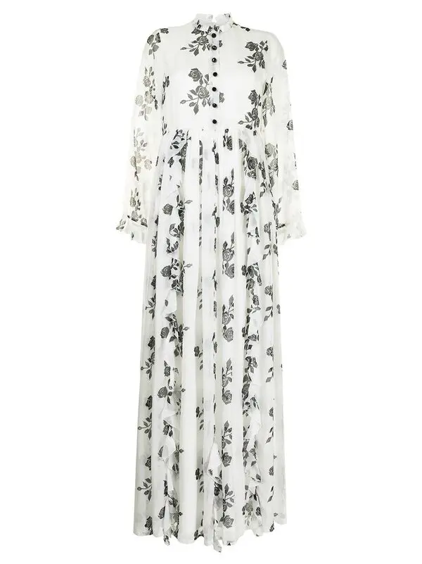 MACGRAW Rose Print Long Dress With Ruffle Trim - White