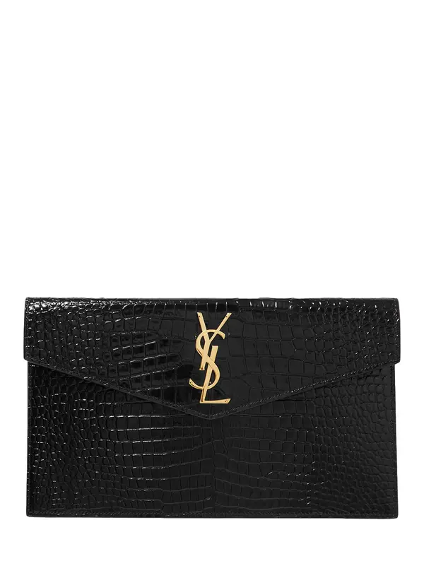 Saint Laurent Uptown Croc-effect Patent-leather Pouch - Black