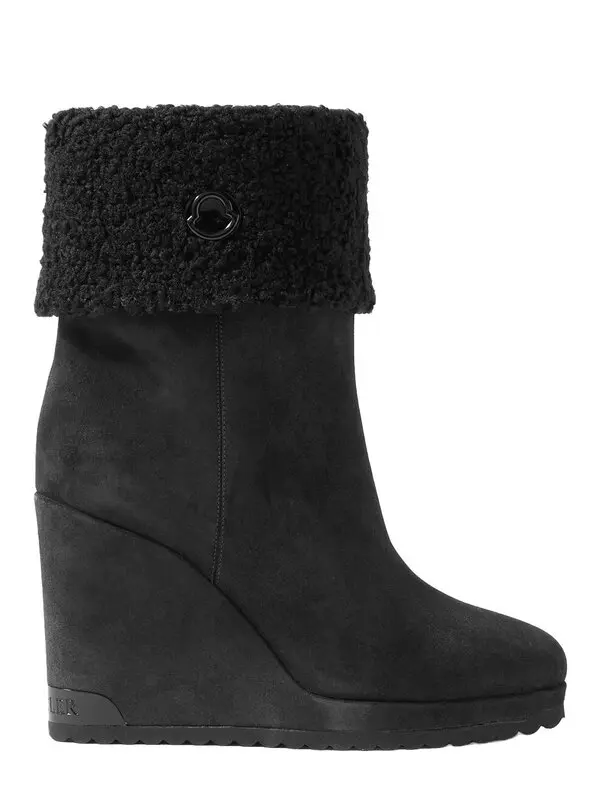 Moncler W Short Suede Wedge Ankle Boots - Black