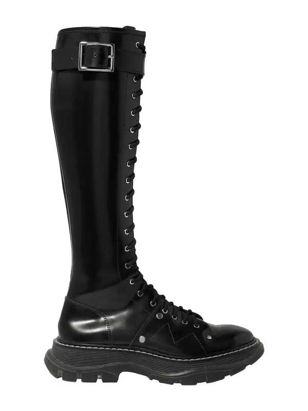 Alexander McQueen Glossed-leather Exaggerated-sole Knee Boots - Black