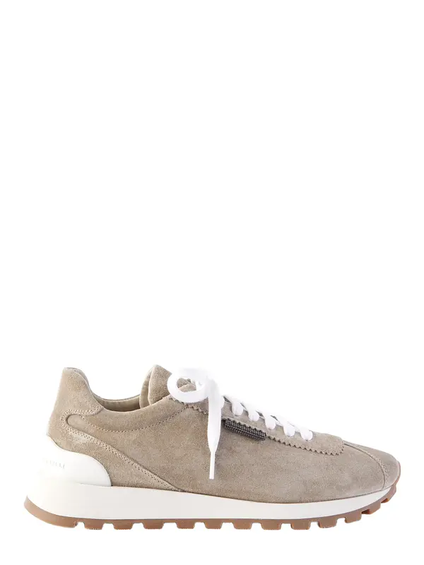 Brunello Cucinelli Bead-embellished Suede Sneakers - Gray