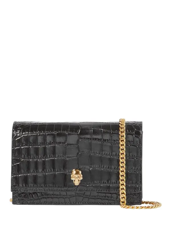 Alexander McQueen Skull Small Embellished Croc-effect Patent-leather Shoulder Bag - Black