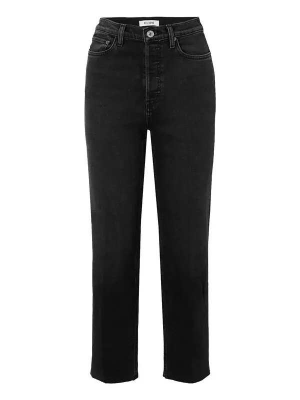 RE/DONE 70s Stove Pipe Cropped Distressed High-rise Straight-leg Jeans - Black
