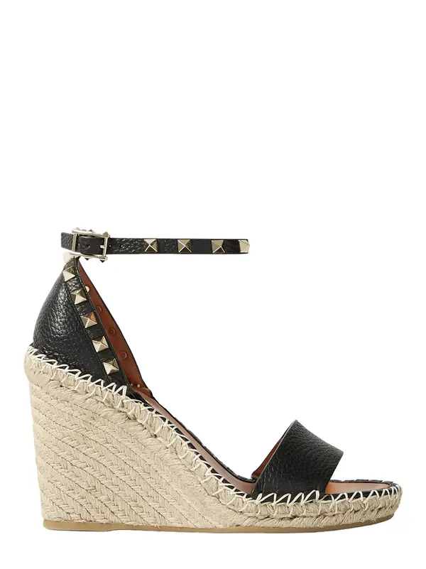 Valentino Garavani Rockstud 105 Textured-leather Espadrille Wedge Sandals - Black