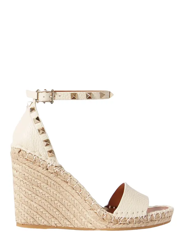 Valentino Garavani Rockstud 105 Textured-leather Espadrille Wedge Sandals - Off-white