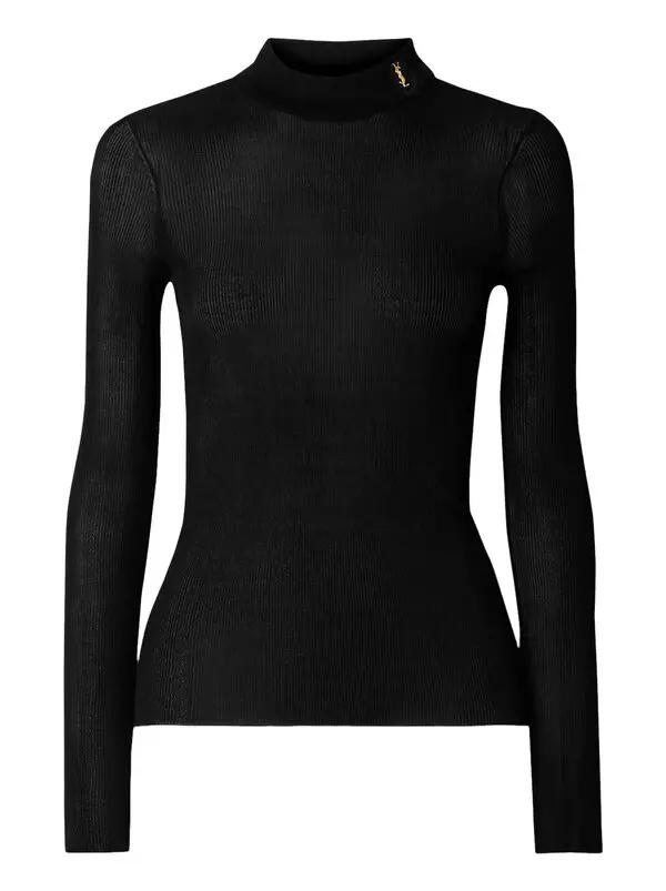 Saint Laurent Ribbed Silk Turtleneck Top - Black