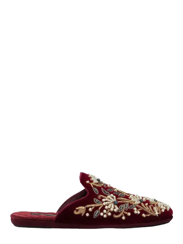 Dolce & Gabbana Floral-embroidered Velvet Slippers - Red