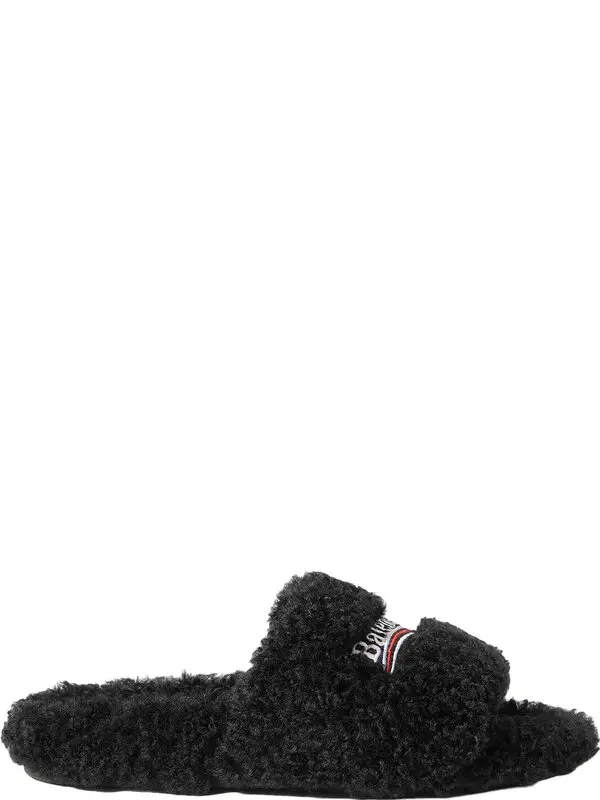 Balenciaga Furry Logo-embroidered Faux Shearling Slides - Black
