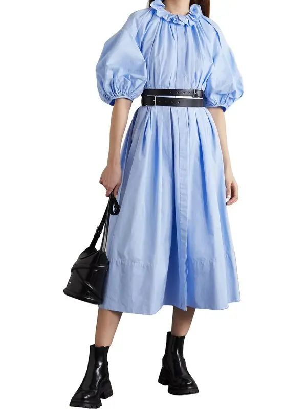 Alexander McQueen Ruffled Pleated Cotton-poplin Midi Dress - Blue