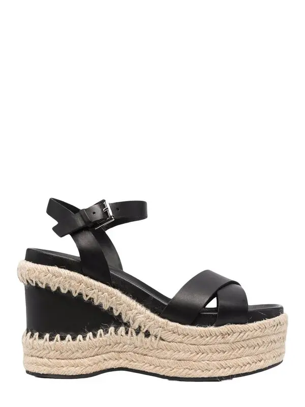 Ash Raffia Wedge Leather Sandals - Black