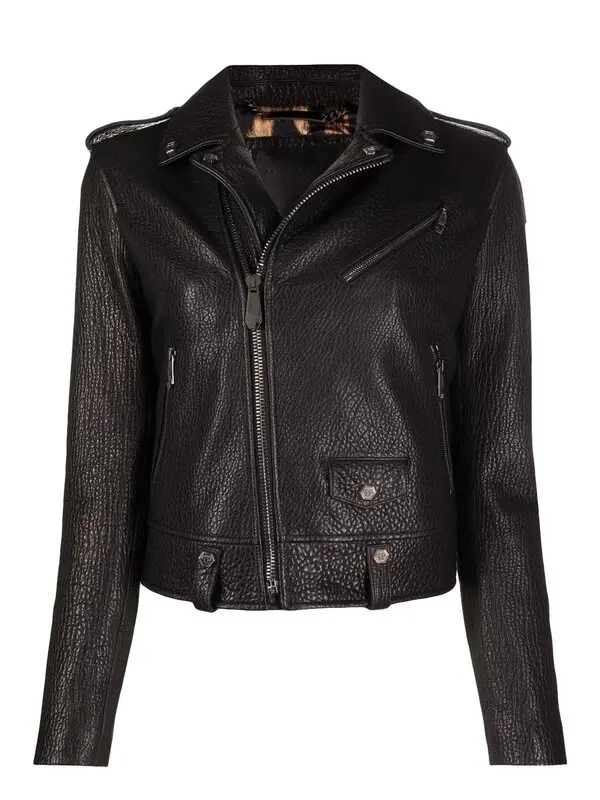 Philipp Plein Iconic Leather Biker Jacket - Black