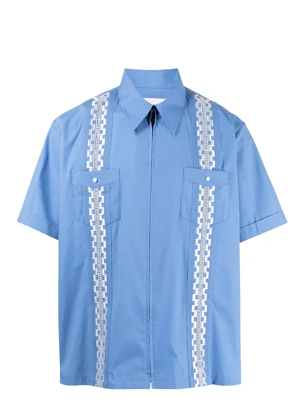 PORTS V Geometric Band Cotton Shirt - Blue